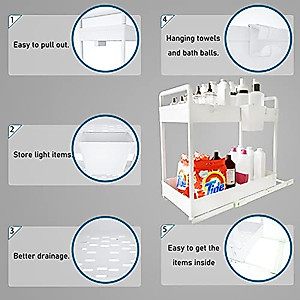 DonYeco Under Sink Organizer, 2 Tier Bathroom Storage Rack, Under-Mount Sliding Drawer Slides，White