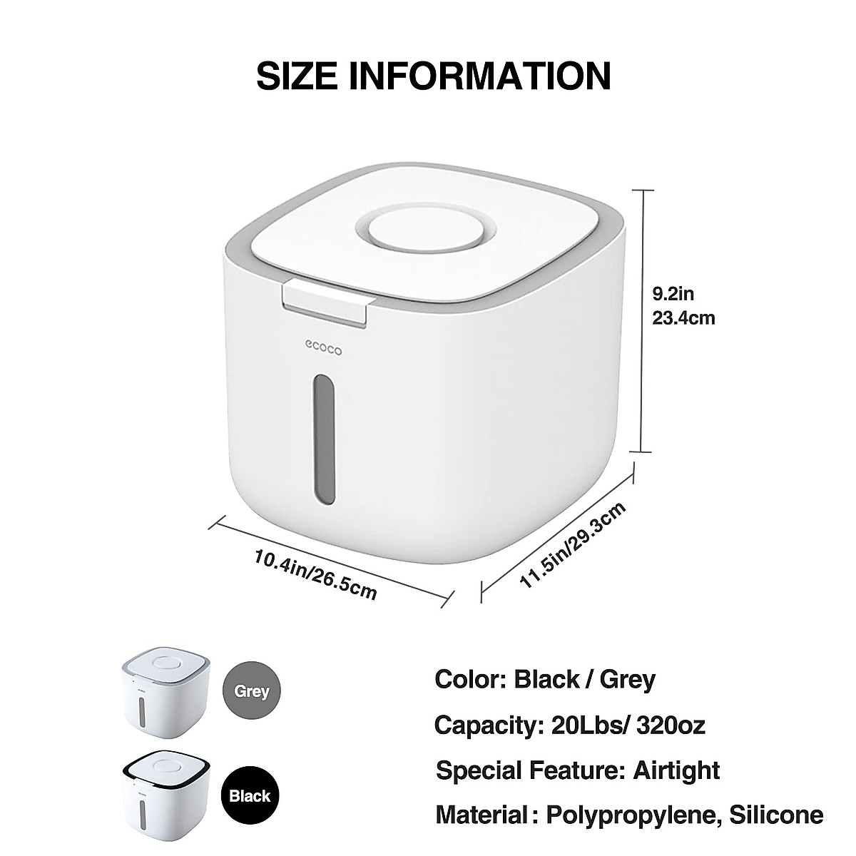 Benshukam Rice Storage Container, Food Container, Dry Food Storage, Pet Food Dispenser, 20 Lbs/ 320oz Large Storage Bin with Lid, for Grain Cereal Soybean Corn, Cat Food, Coffee, Flour (Grey)