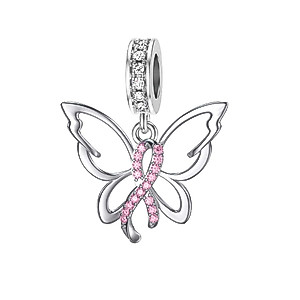 LEECCI Breast Cancer Awareness Charm Butterfly Pink Ribbon Charm for Bracelet 925 Sterling Silver Women's Charm Bead Bracelets with Cubic Zirconia Breast Cancer Survivor Gifts for Women
