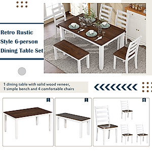 BIADNBZ 6-Piece Dining Table Set with 4 Upholstered Chairs & a Bench for Family,Walnut + Cottage White