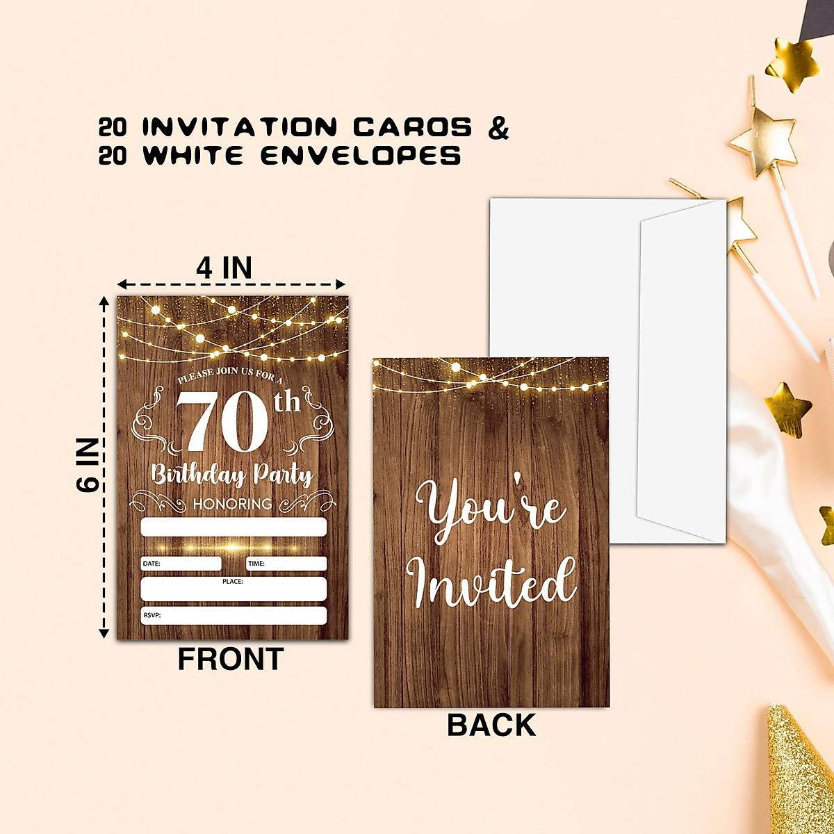 CLIRBE 70th Birthday Invitations, 1953 Birthday Party Invitations For Women Men, 70 Year Old Birthday Invites, Rustic Wood Theme Birthday Party Decorations, 20 Invitations with 20 Envelopes - A03