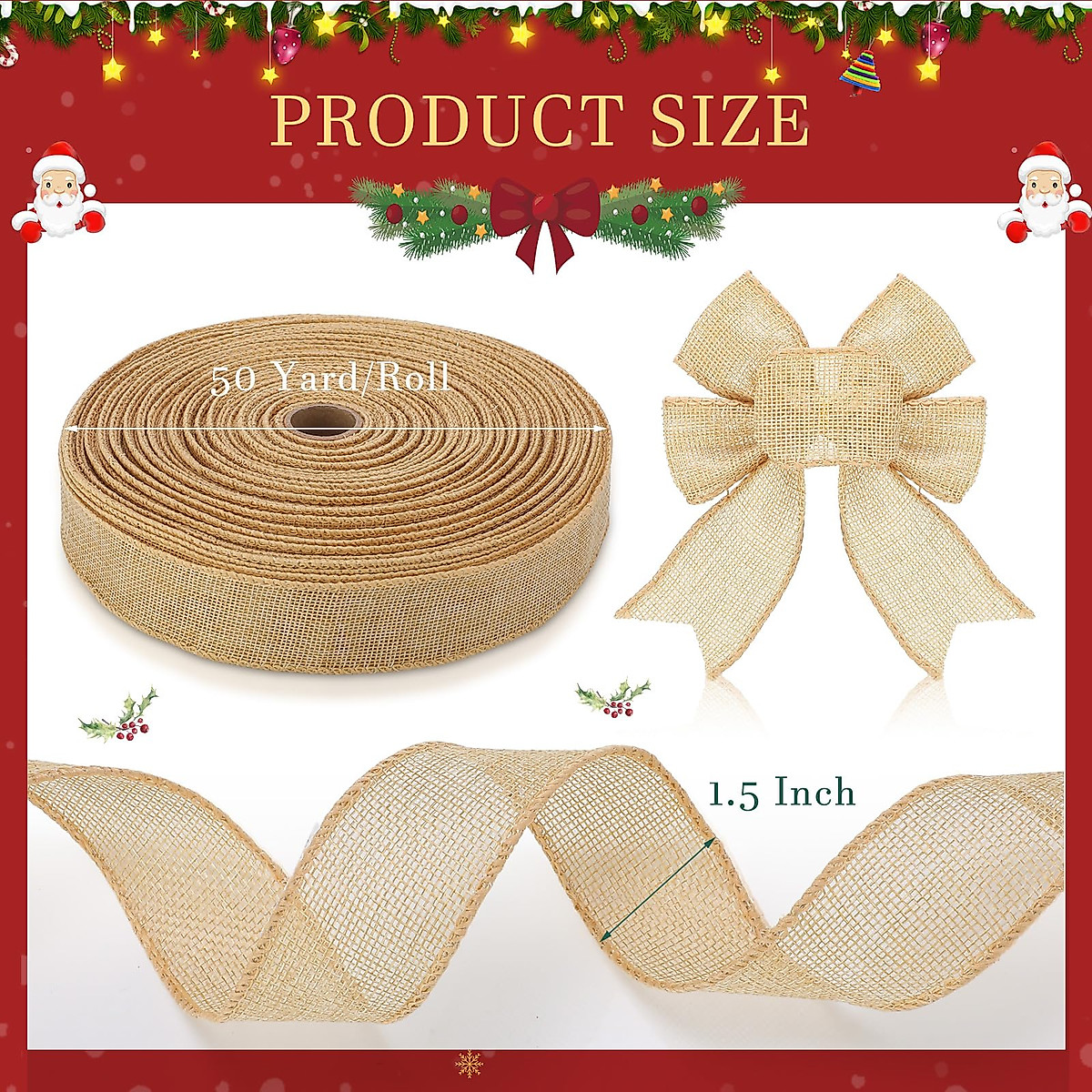 Waydress Natural Burlap Ribbon Burlap Edge Fabric Craft Ribbon for Bow Wreath Tree DIY Decor Outdoor Wedding Home Christmas Party Decoration(1.5 Inch x 50 Yard,Natural)