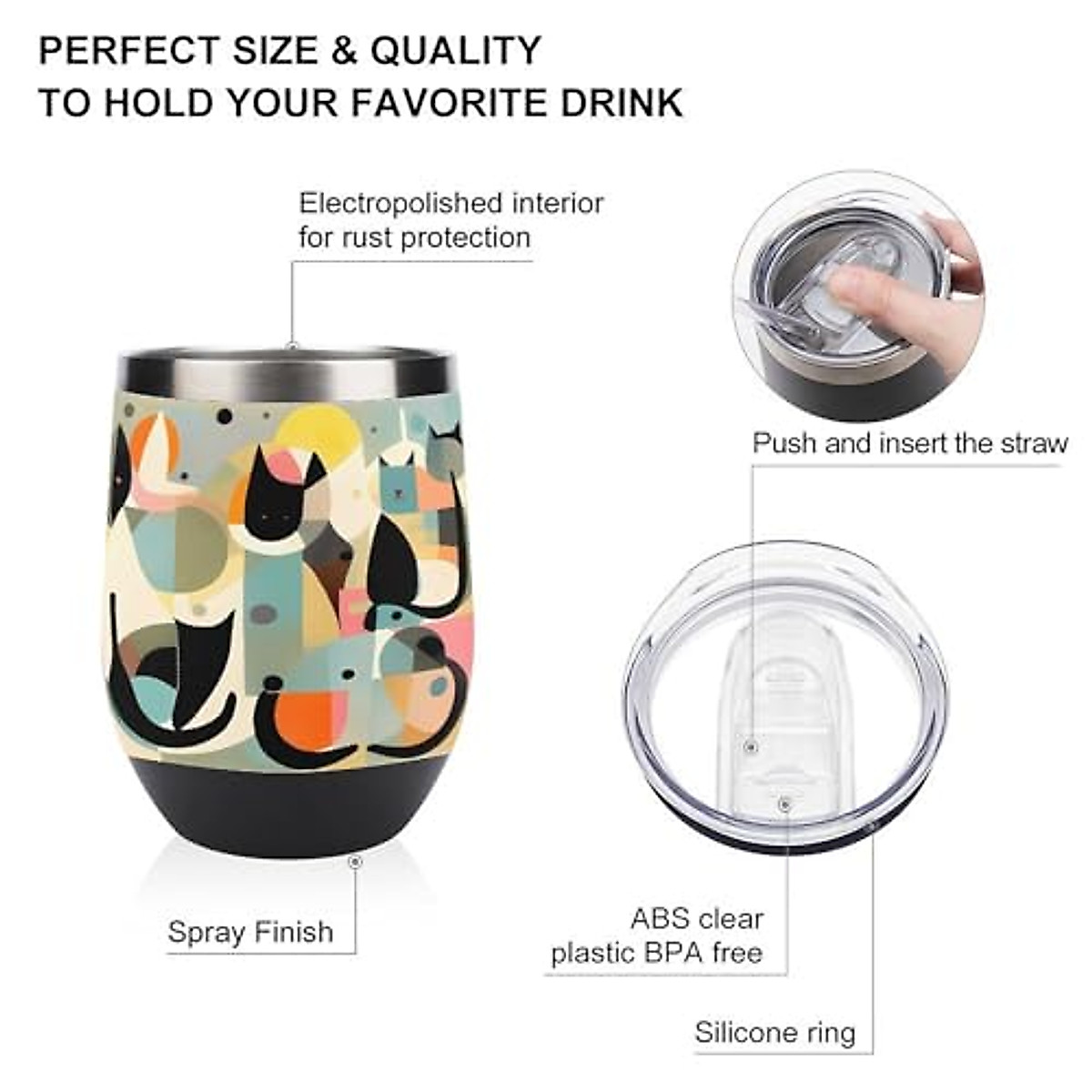 Stainless Steel Insulated Cup, Mid-Century Modern Art Cat Print 304 Stainless Steel, Smooth Round Rim Ideal for Office, Home, And Gift Giving