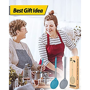 Kitchen Ladle Strainer Set of 2 Large Slotted Spoon with High Heat Resistant BPA Free Non Stick Cooking Skimmers For Draining & Frying (Grey and Teal Blue)