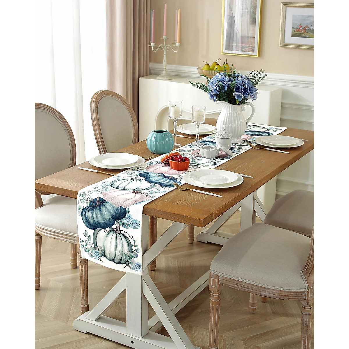 Thanksgiving Decorations Fall Table Runner 72 Inches Long with Autumn Pumpkins Eucalyptus Leaves. Fall Decorations for Home Dining Room Kitchen Table Seasonal Holiday Harvest Party Decor