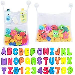 Comfylife 2 x Mesh Bath Toy Organizer + 6 Ultra Strong Hooks + 36 Bath Letters & Numbers – Eco-Safe, Fun, Educational Foam Baby Bath Letters and Perfect Toy Storage Net for Baby Bath Toys & More