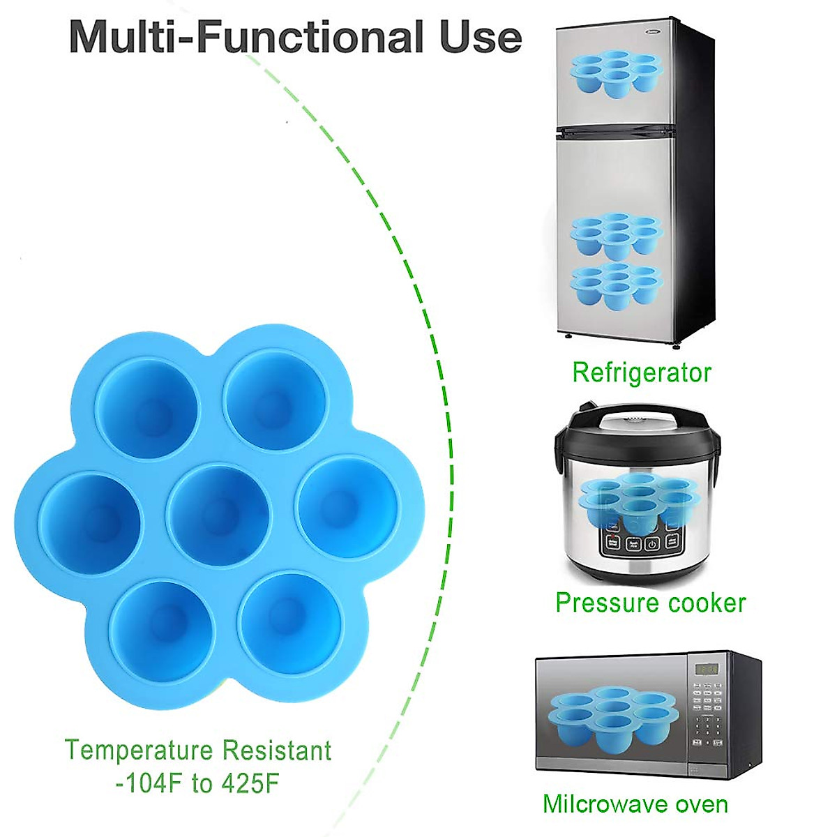 ROTTAY Silicone Egg Bites Molds and Steamer Rack Trivet with Heat Resistant Handles Fit Instant Pot Accessories, 7pcs set for 6qt 8qt Electric Pressure Cooker With 2 Spoons and Silicone spatula