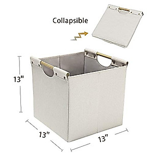 HOONEX Collapsible Storage Bins, 13x13x13in Storage Cubes Linen Fabric, 3 Pack, Storage Baskets with Wooden Carry Handles and Sturdy Heavy Cardboard, for Home, Office, Car, Nursery, Beige