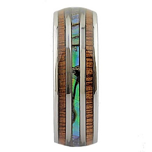 MJ Metals Jewelry Custom Engraved Stainless Steel 8mm Real Koa Wood and Abalone Inlay Ring Size 10.5