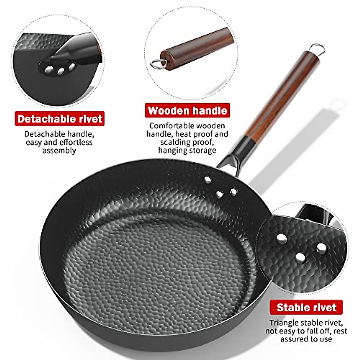 Iron Wok and Stir Fry Pans,11 inch Carbon Steel Pan Pure Hand Hammered Woks Uncoated Non-Stick Cast Iron Wok Chinese Wok Cookware Pan Kitchen Tools for Gas and Induction Cooker