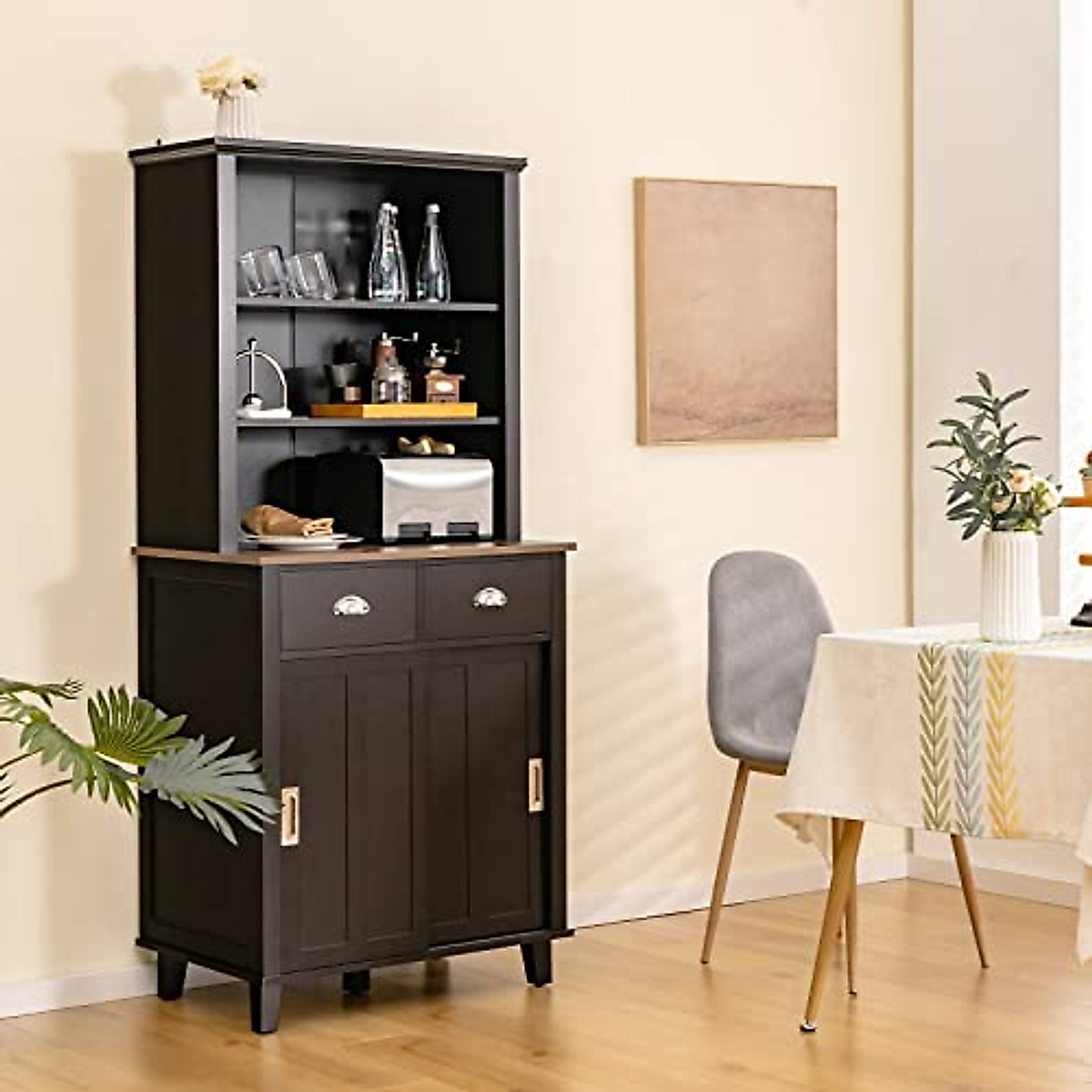 Giantex Buffet Hutch Storage Cabinet, Kitchen Pantry with 2 Drawers, Sideboard with Sliding Door, 2 Tier Shelves, Microwave Countertop, Anti-Toppling, Wood Farmhouse Cupboard for Utensil (Brown)