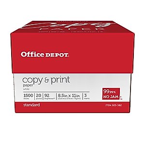 Office Depot Copy Print Paper, 8 1/2in. x 11in., 20 Lb, Bright White, 500 Sheets Per Ream, Case of 3 Reams, 1008