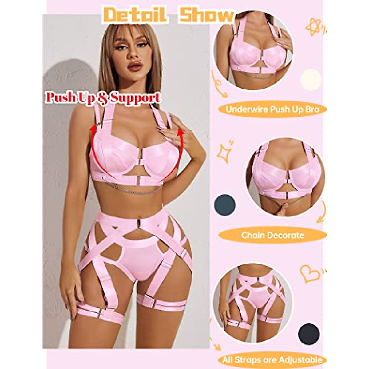 Avidlove Sexy Lingerie Set for Women Underwire Push Up Bra Lingerie Strappy Corset Lingerie with Garter and Chain(Pink,L)