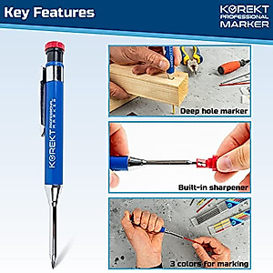 Solid Metal Barrel Mechanical Carpenter Pencil Set with 12 Refills, Construction Marker Tool with Built-in Sharpener for Woodworking, Holder with Long Nose for Deep Hole Marking, Welding and Carpentry