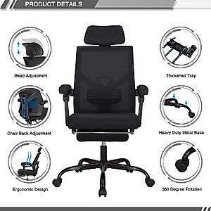 Qulomvs Mesh Ergonomic Office Chair with Footrest Home Office Desk Chair with Headrest and Backrest 90-135 Adjustable Computer Executive Desk Chair with Wheels 360 Swivel Task Chair