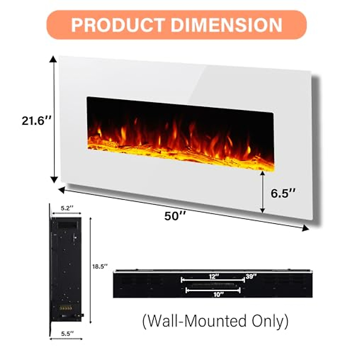 Amerlife 50" Electric Fireplace Wall-Mounted, Fireplace Heater with Timer, Remote Control, Adjustable Flame Brightness, Log Set & Crystal Options, White