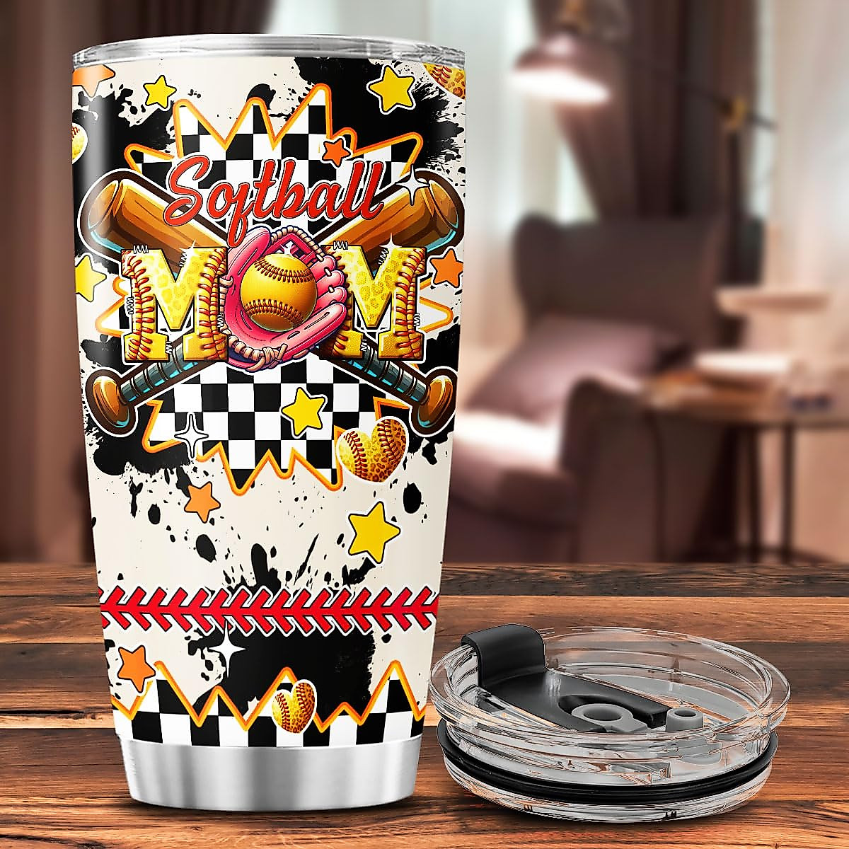 HUBUPU Checkered Water Funny Modern Mother Tumblers Simply Mama For Coffee Cups Women Mothers Simple, Softball Gifts, Tumbler 20 Oz With Lid And Straw, Softball Mom Colorful