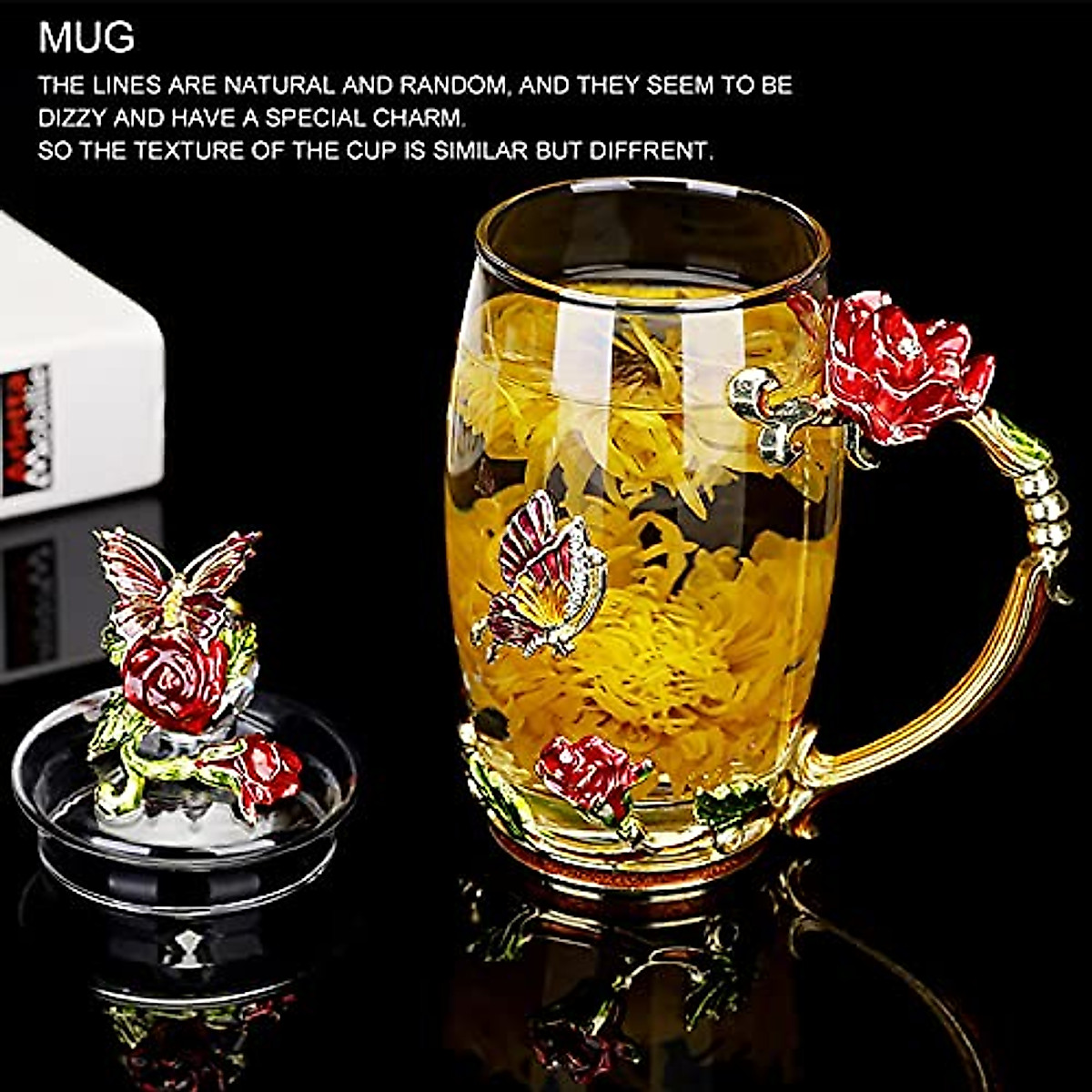 Vivimee 2 Pack Tea Cups with Lids, 12 oz Clear Glass Cups with Spoon Set, Flower Tea Cup Set, Mother's Day Gifts, Glass Tea Cups for Women, Tea Mug for Coffee, Tea, Juice, Milk Hot and Cold Drinks