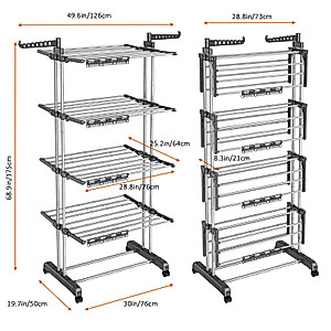 5 Tier Clothes Drying Rack Oversized, Foldable& Adjustable Height Rolling Clothes Rack Stainless Steel with 4 Castor, 32 Drying Poles,14 Hook& 4 Sock Clippers, Drying Rack Clothing for Indoor& Outdoor