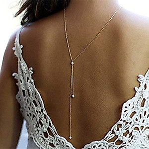 Olbye Back Necklace Pearl Backdrop Necklaces Body Chain Jewelry for Women Bridal Jewelry (Gold)