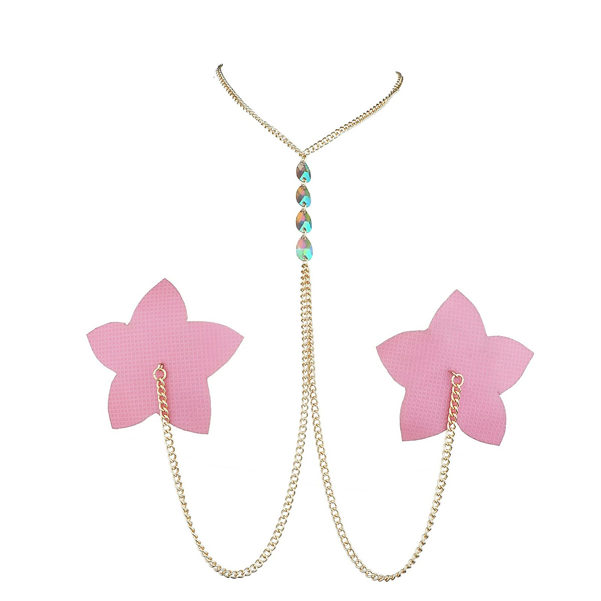 Sexy Crystal Bra Body Chain Nipple Pasties with Choker Reusable Stars Nipple Cover Stickers Metal Chain Necklace Rave Festival Body Jewelry for Women (Pink)