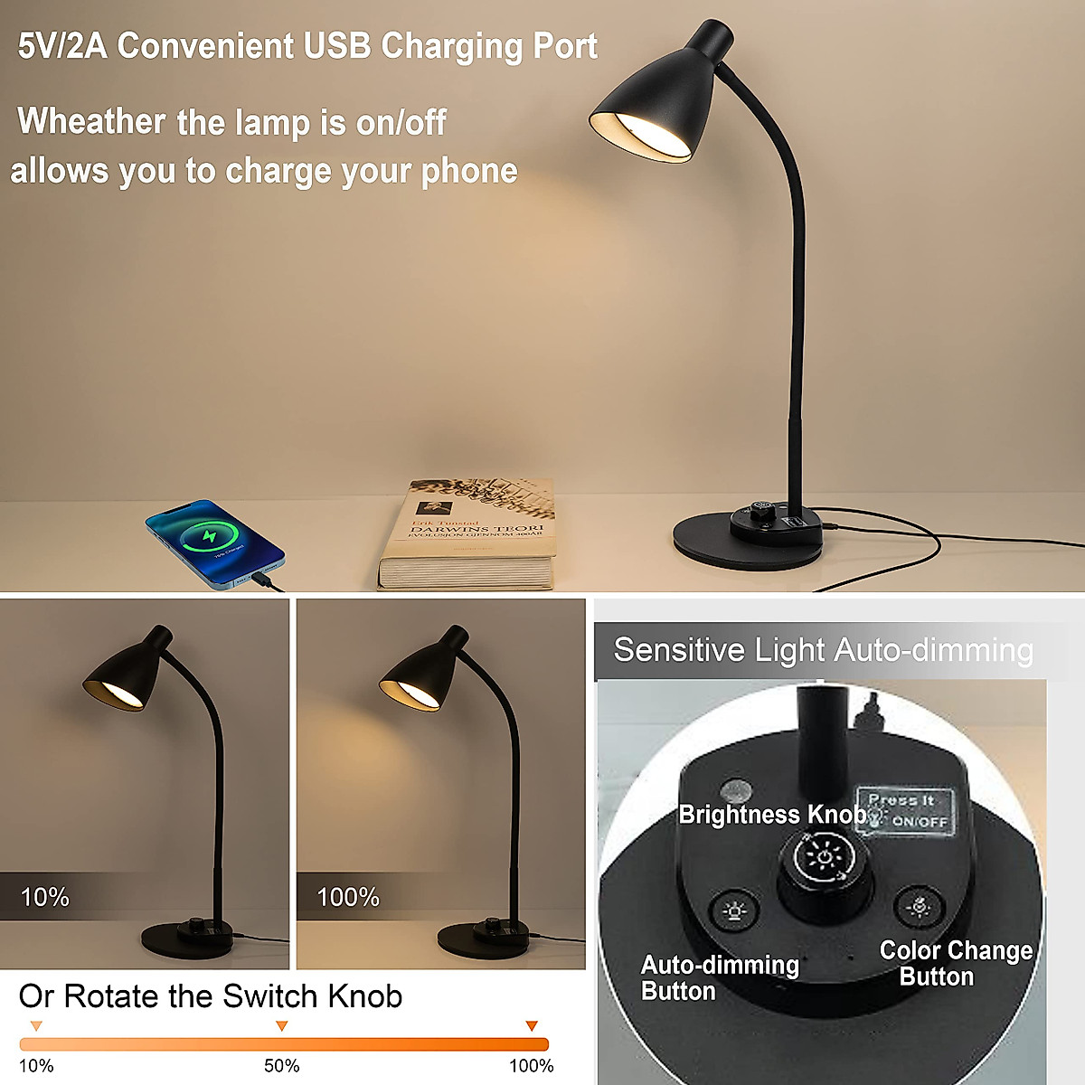 LiFMIRA Small Desk Lamp with USB Charging Port 3 Color Modes Light Induction Smart Auto-Dimming Reading Light CRI 90+ Flexible Gooseneck Desk Lamps for Home Office Dorm Study Room AC Adapter Included