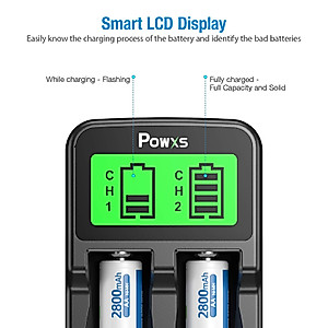 POWXS LCD Universal 18650 Battery Charger for 3.7V Li-ion Rechargeable Battery 18650 18490 18350 17670 17500 16340(RCR123) 14500 Lithium Batteries and Ni-MH Ni-CD Rechargeable AA AAA Batteries
