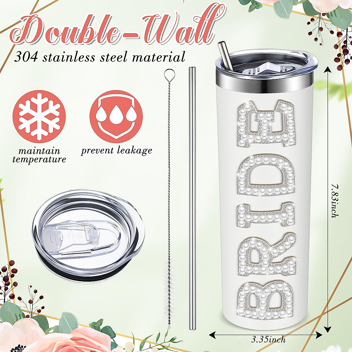 Zhehao Bride Cups Tumbler 20 oz Bachelorette Gift for Bride Tumblers Stainless Steel Mrs Tumblers with Lid Straw Bride Gifts Bride Cup for Bridal Shower Engagement Party(White, Pearl Bride)