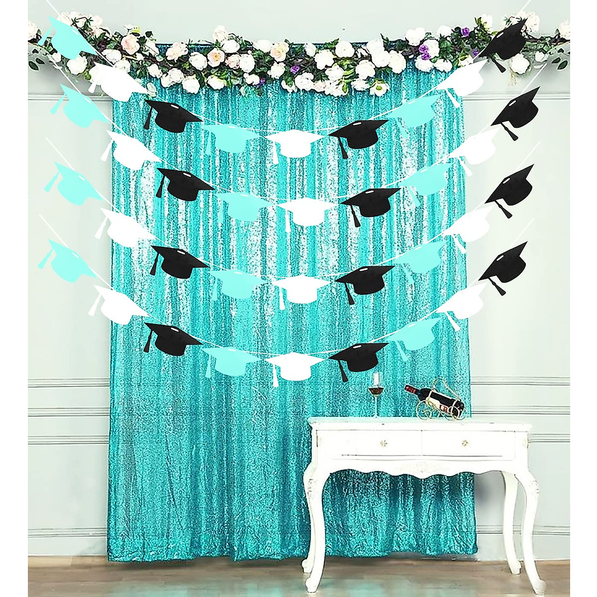 Graduation Decorations Turquoise Black 2023/4pcs Graduation Hat Banner Garlands Teal White Black for Class of 2023 Graduation Party Supplies Teal Grad