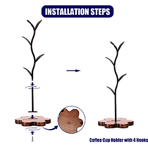 YarkeeSky Mug Holder, Countertop Mug Tree, Leaf Shaped Coffee Mug Tree with Wooden Base, 4 Hooks Coffee Cup Holder for Counter, Coffee Counter Bar Accessory & Kitchen Organizer, Brown