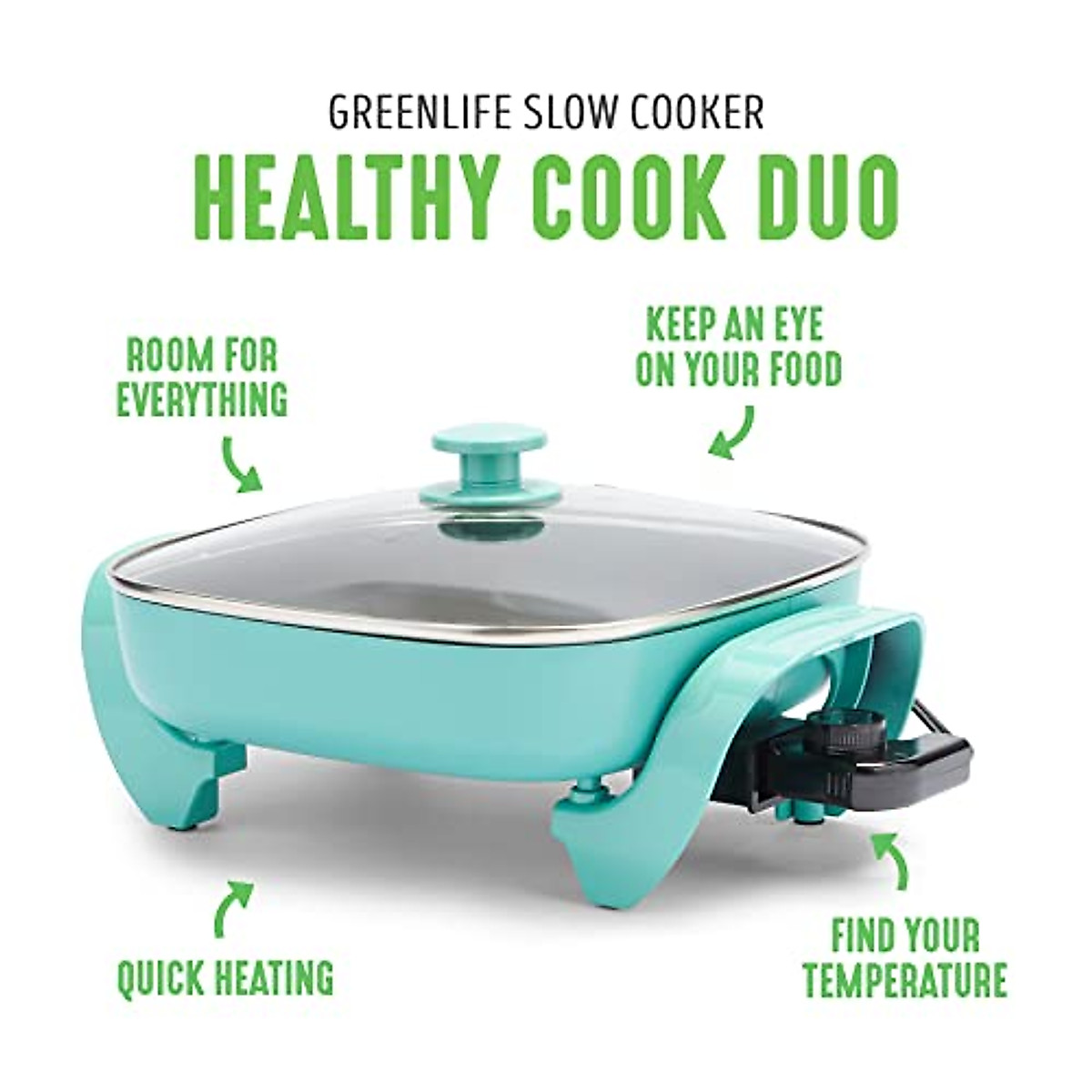 GreenLife Healthy Ceramic Nonstick, 12" 5QT Square Electric Skillet with Glass Lid, Dishwasher Safe, Adjustable Temperature Control, PFAS-Free, 8"D x 12"W x 6"H, 120 Volts, Turquoise