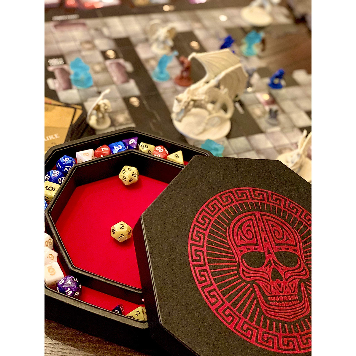 Luck Lab 8 Inch Dice Tray with Lid and Dice Staging Area for Table Top Gaming - Red Tribal Skull Design