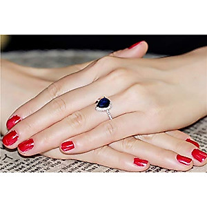 Uloveido Unique Sterling Silver Solitaire Rings, Pear Shape Navy Blue Cubic Zirocnia Halo Rings, Fashion Women Wedding Engagement Jewelry (Blue, Size 7) JZ116