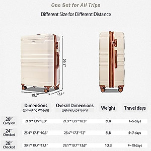 Merax Luggage Sets 3 Piece Suitcase, Hardside Suit case with Spinner Wheels Lightweight TSA Lock, Ivory/Brown, 20/24/28 Inch