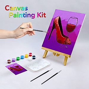 VOCHIC Canvas Painting Kit Pre Drawn Canvas for Painting for Adults Party Kits Paint and Sip Party Supplies 8x10 inch Girl High Heels Glass 8 Colors,3 Brush,1 Pallet Paint Art Set