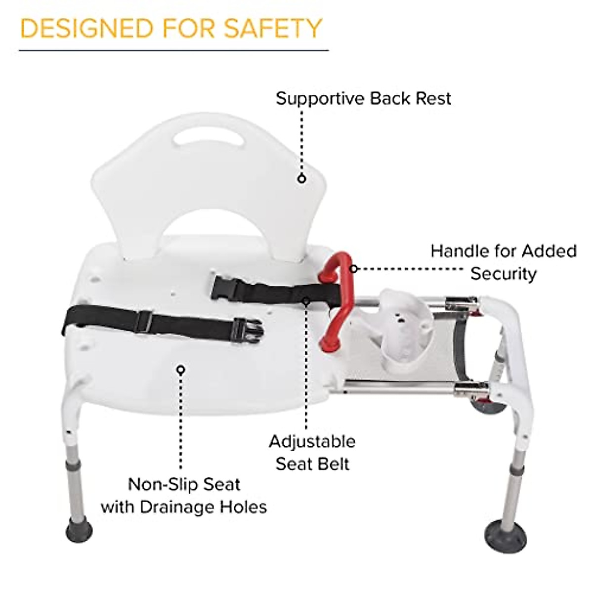 Drive Medical RTL12075 Adjustable Height Sliding Bathtub Transfer Bench Shower Chair with Armrests and Seatbelt, 300 Pound Weight Capacity, White