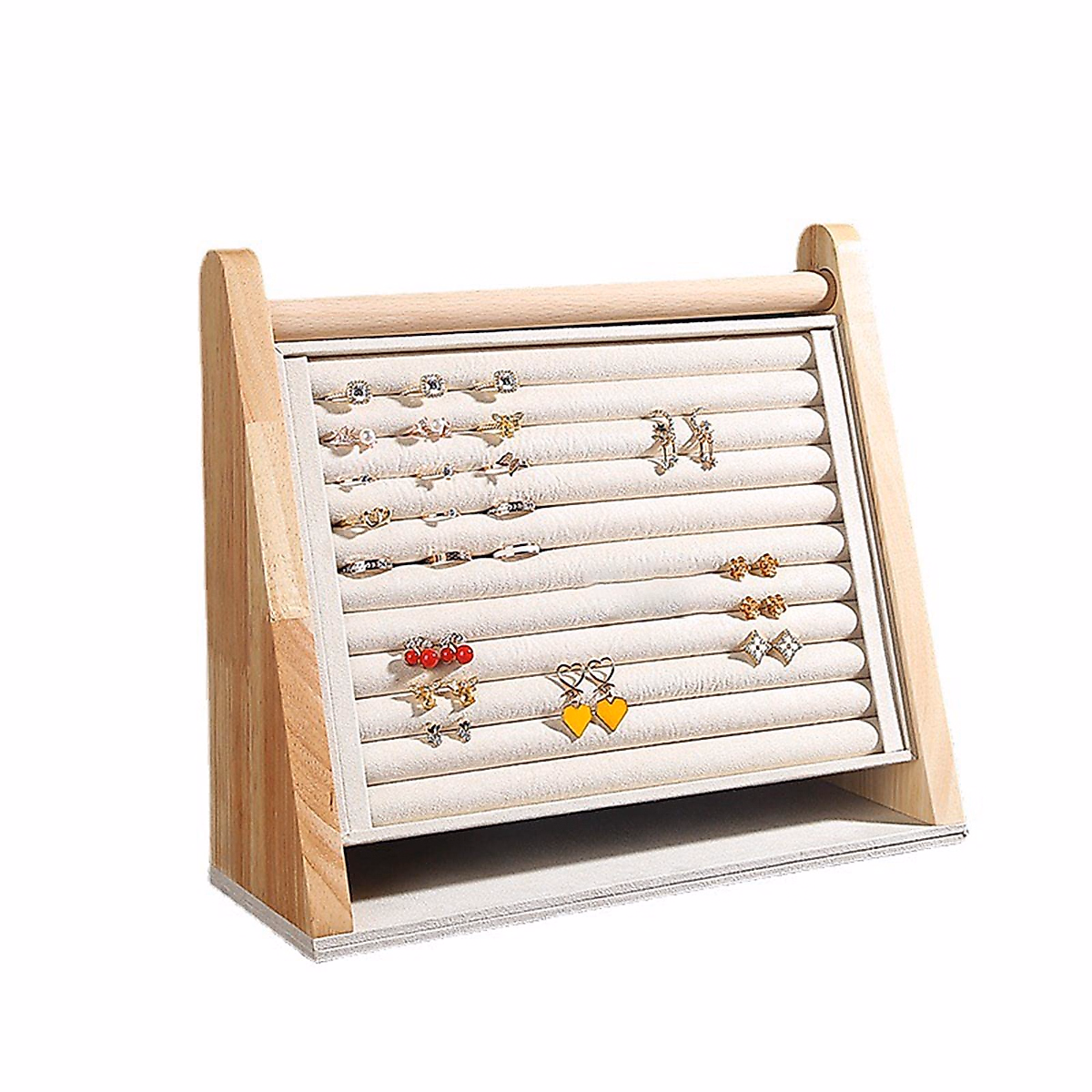 DYNWAVE Wooden Rings Display Stand Tray, 10 Slots Flannel Large Capacity Vertical Storage Holder for Studs Earrings Rings Show Retail Selling, Beige