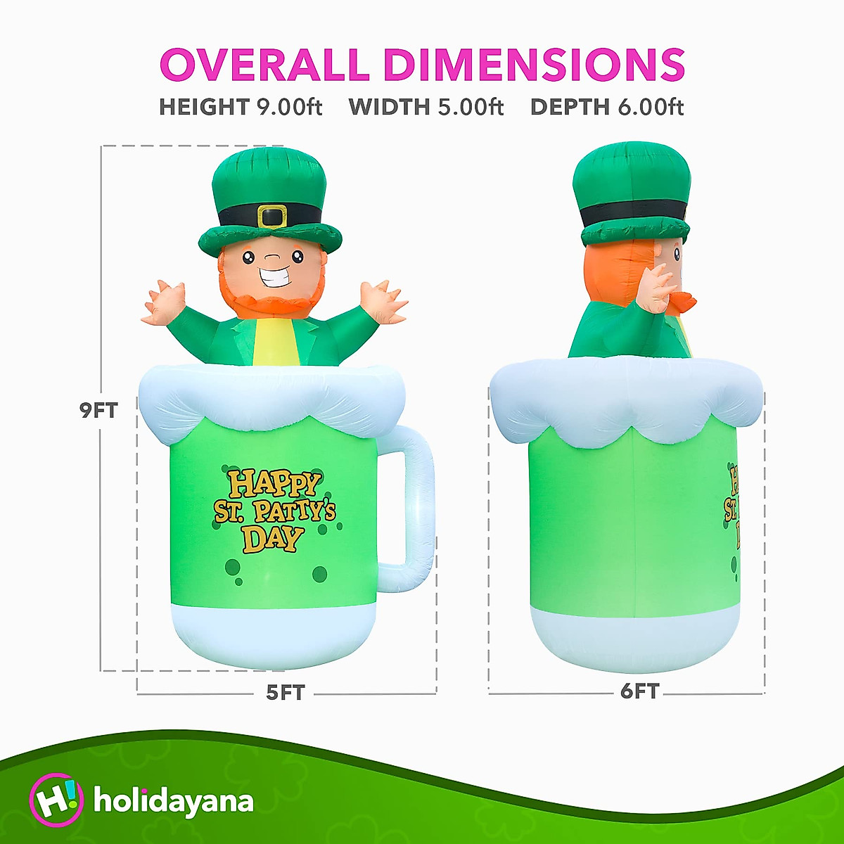 Holidayana 9ft St Patricks Day Inflatable Leprechaun Beer Mug - St Patty’s Leprechaun Coming Out of Beer Blow Up Yard Decoration, Includes Built-in Bulbs, Tie-Down Points, and Powerful Built-in Fan