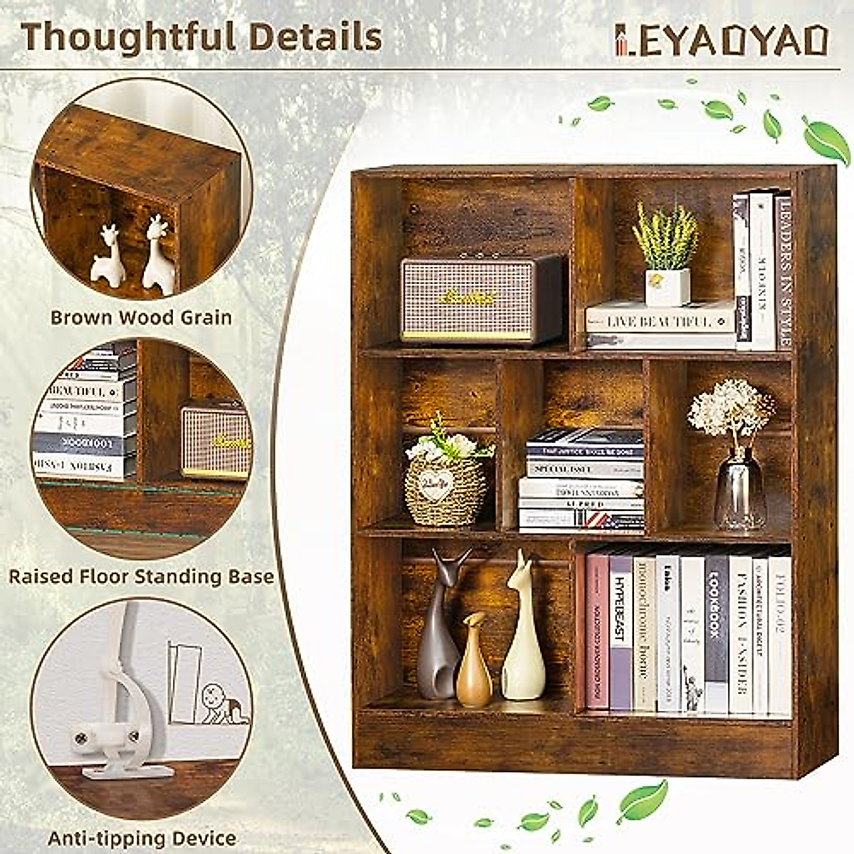 LEYAOYAO 7 Cube Bookshelf with Base,3 Tier Mid-Century Modern Brown Bookcase,Standing Wide Bookshelves Storage Organizer Shelf,Rustic Wood Display Cabinet Book Shelves for Bedroom,Living Room,Office