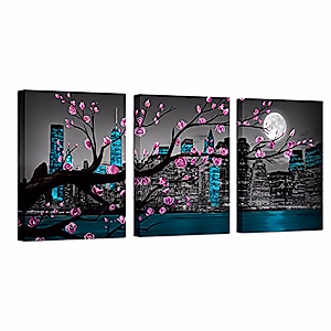 SiMiWOW Black and Pink Wall Decor Teal Blue New York City Wall Art Full Moon Night Pink Magnolia Flower Painting Framed Canvas Prints Bedroom Living Room Decor (12"x16"x3 Panels)