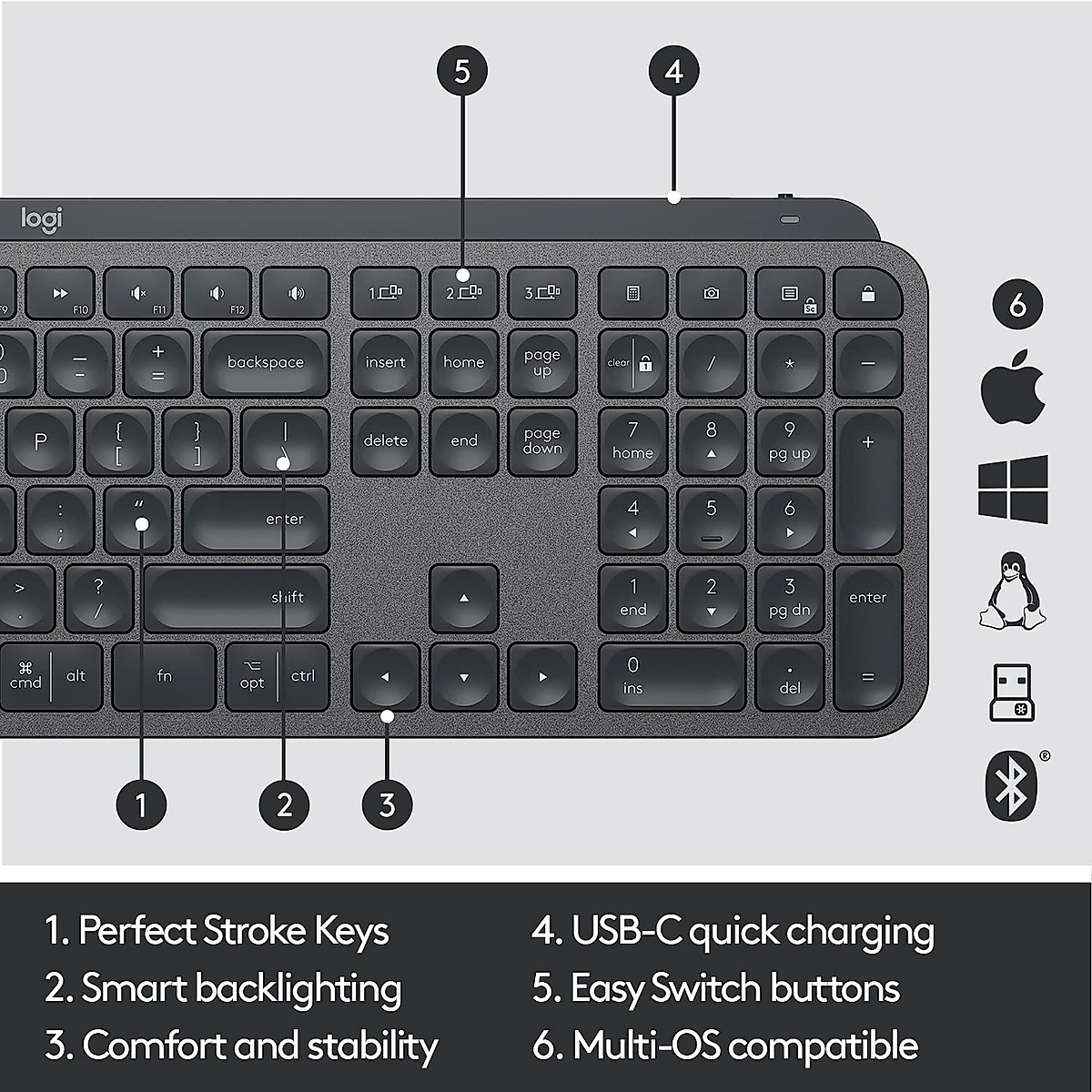 Logitech MX Keys Advanced Wireless Illuminated Keyboard, Tactile Responsive Typing, Backlighting, Bluetooth, USB-C, Apple macOS, Microsoft Windows, Linux, iOS, Android, Metal Build - Graphite