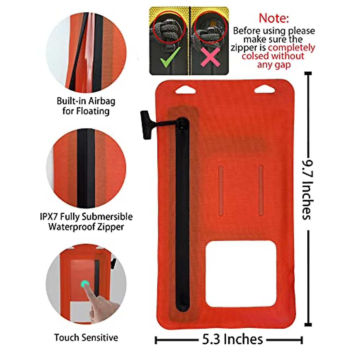 FalconGear Floating Waterproof Phone Pouch Universal Waterproof Phone Case with Zipper & Adjustable Lanyard Cellphone Dry Bag for iPhone 13/12/11 Pro Max XR Galaxy S22/21/20 Ultra (Orange-Red)