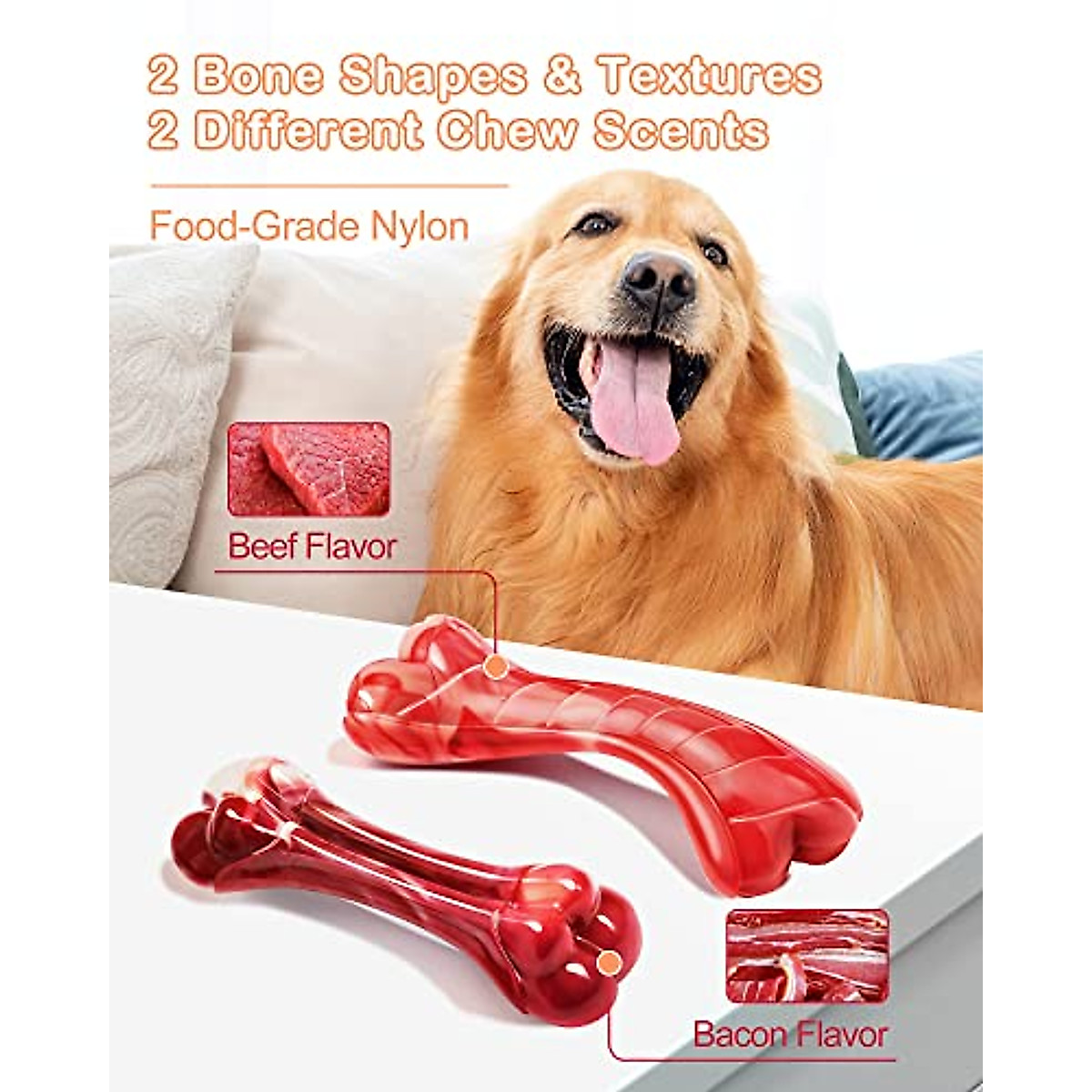GEE BON 2 Pack Indestructible Dog Toys for Aggressive Chewers - Tough Dog Chew Toys for Aggressive Chewers Large Breed, Nylon Durable Dog Chew Bones with Bacon & Beef Flavor for Medium and Large Dogs
