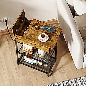 QEEIG Small End Table with Charging Station Sofa USB Ports Power Outlets Farmhouse Narrow Nightstand, Rustic Brown