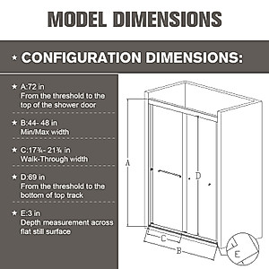 44-48 in. x 72 in. Sliding Shower Door, Adjustable Semi-Frameless Bypass Shower Door, 1/4" (6mm) Thick SGCC Tempered Glass Door, 304 Stainless Steel Hardware (Black)