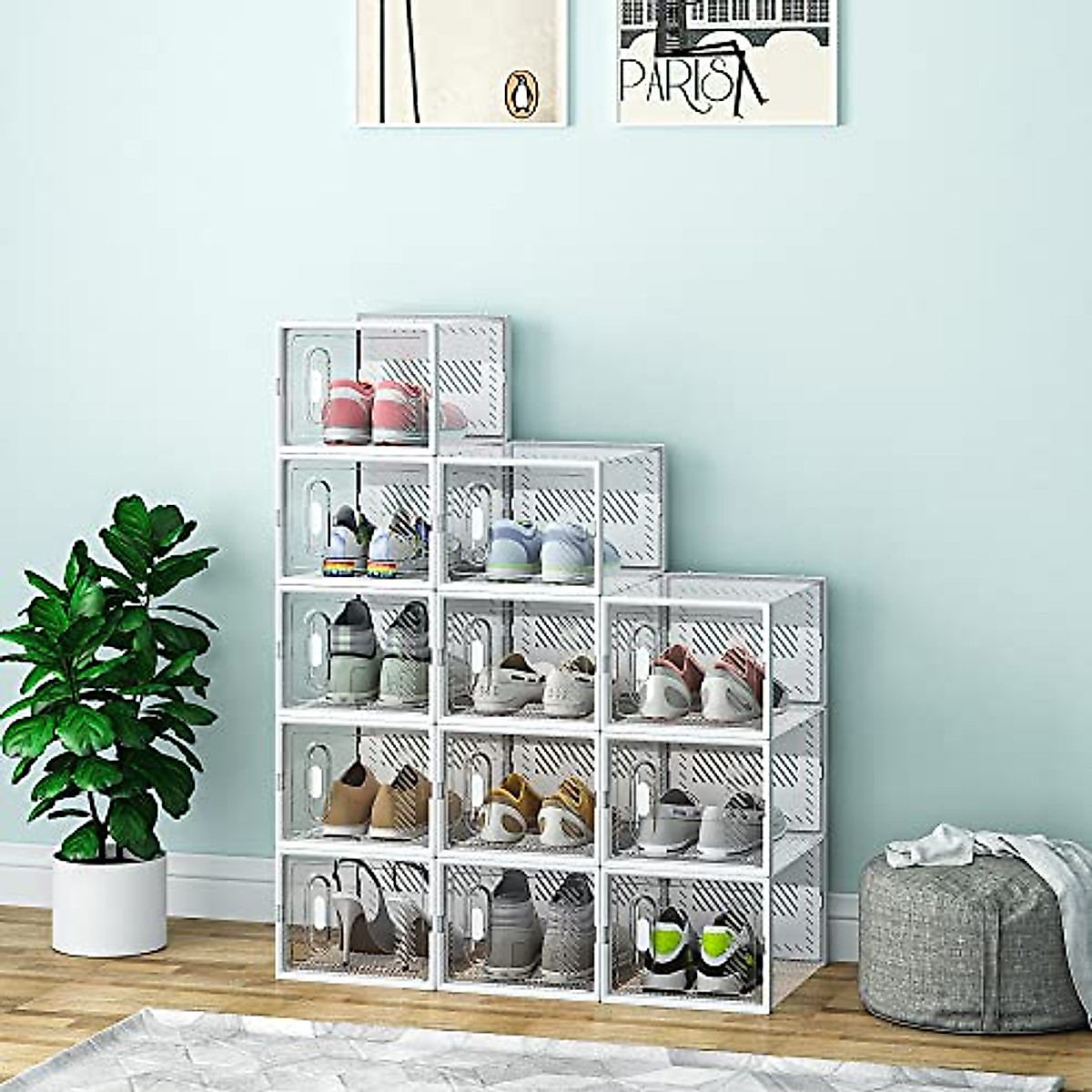 Wolizom 12 Pack Shoe Storage Box, Stackable Shoe Organizer Boxes, Clear Plastic Shoe Organizer for Closet, Space Saving Foldable Shoe Holder Sneaker Containers Bins