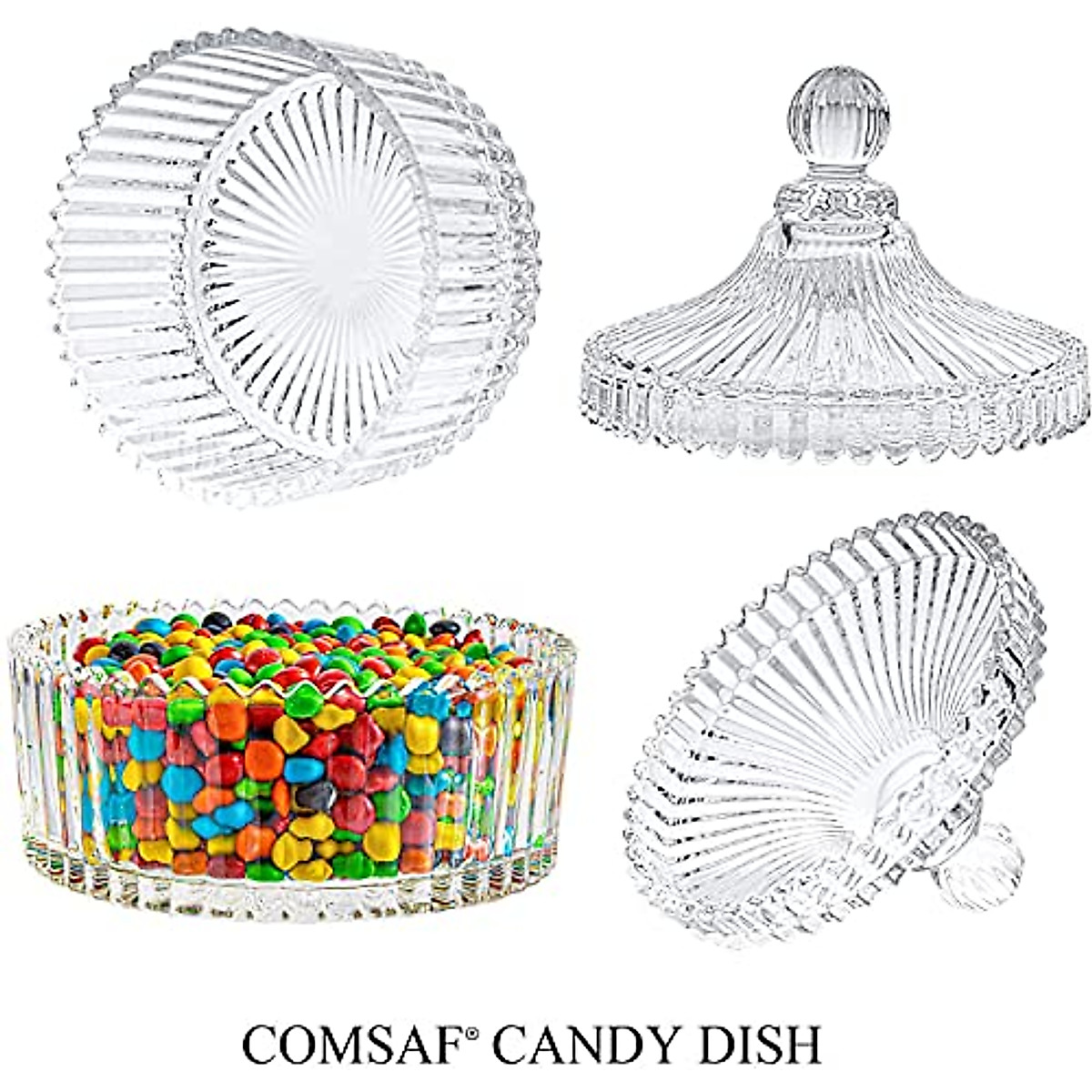 FTOF Glass Candy Storage Box Clear Sugar Dish With Lid Crystal Covered Candy Bowl Apothecary Food Buffet Container Holder, 250ml