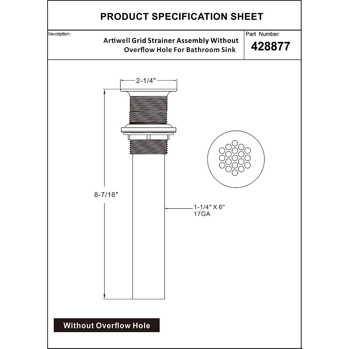 Grid Drain Strainer Assembly Without Overflow for Bathroom Sink, C.O. Plug Grid Lavatory Drain, Bathroom Sink Grid Strainer by Artiwell, Matte Black