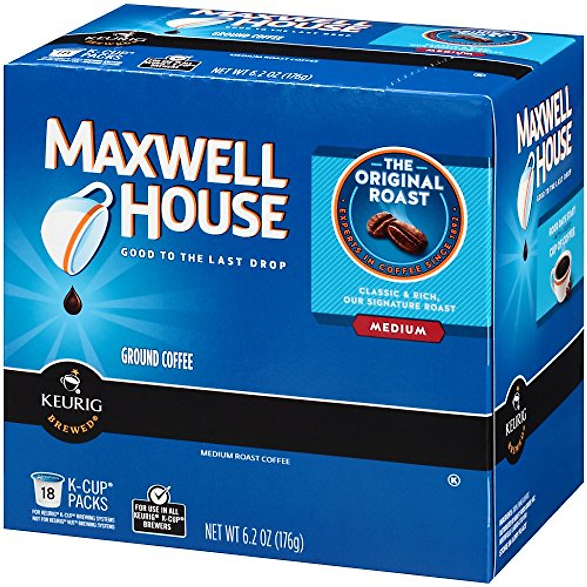 Maxwell House Original Roast Coffee, K-CUP Pods, 18 Count (Pack of 6)