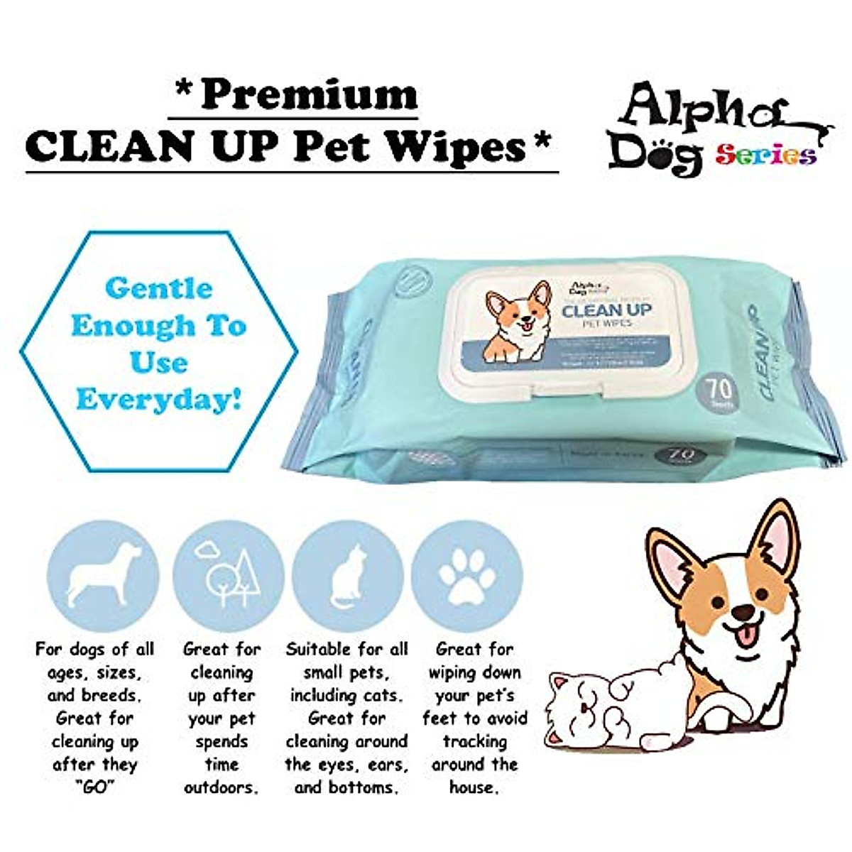 Deodorizing Hypoallergenic Heavy Duty Thick Durable Pet Grooming Wipes Unscented Cleans Face, Ears, Body, Butt and Eyes – Bath Alternative, Super Convenient, Ideal for Home or Travel (Pack of 1)